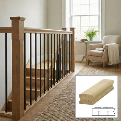 Oak Handrail LHR 1.2m Landing Drilled For 14mm Metal Spindles UK Manufactured Traditional ...