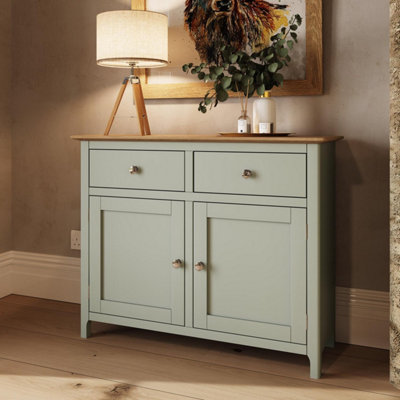 Oak Veneer Sideboard Sage Green 2 Doors 2 Drawers Storage Cabinet