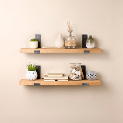 Oak Wall Shelves with Inverted Brackets - Narrow Wooden Shelves Pack of ...