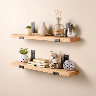 Oak Wall Shelves with Inverted Brackets - Narrow Wooden Shelves Pack of ...