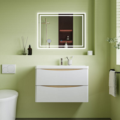 Oak & White Wall Hung Vanity Basin Unit Set & an Anti Fog LED Bathroom Mirror(Cool White Light ...