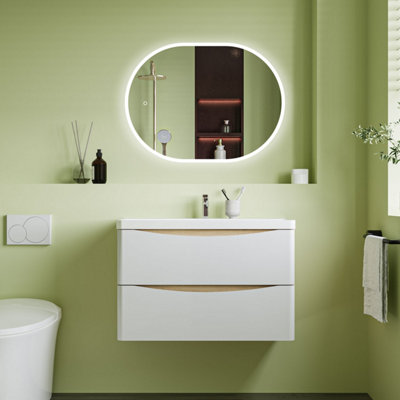 Oak & White Wall Hung Vanity Basin Unit Set & an Anti Fog Oval LED ...