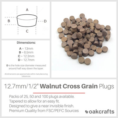Oakcrafts - 1/2" - 12.7mm Walnut Flat Head Cross Grain Plug - Pack of 25