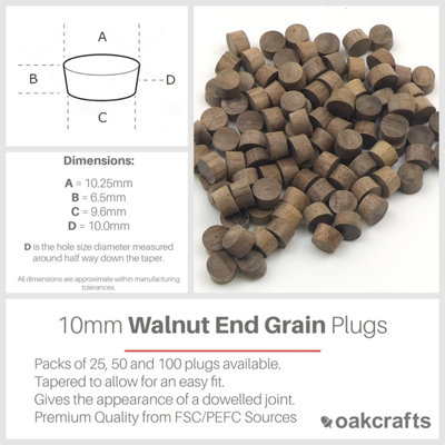 Oakcrafts - 10mm Walnut Flat Head End Grain Plug - Pack of 25 | DIY at B&Q