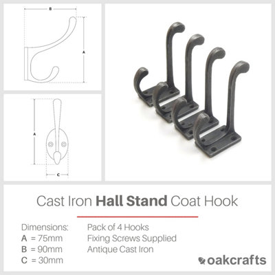 Oakcrafts - Antique Cast Iron Hall Stand Coat Hook - Pack of 4 Hooks