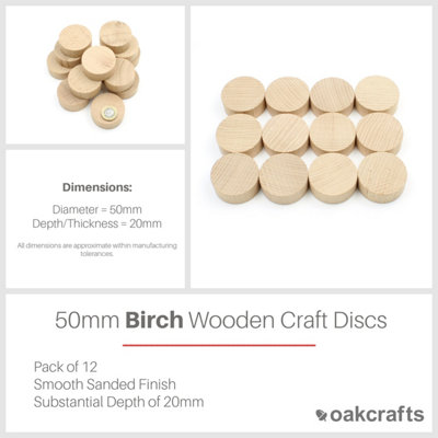 Oakcrafts - Pack of 12 Birch Wooden Craft Discs - 50mm Diameter