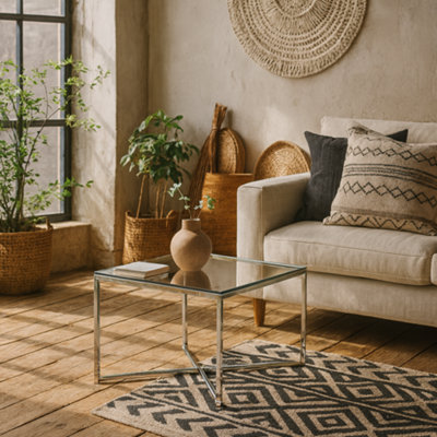 Oakfern Square Side Table with Clear Glass Top and Chrome Frame