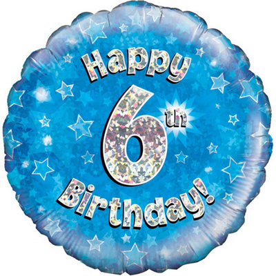 Oaktree 18 Inch Happy 6th Birthday Blue Holographic Balloon Blue/Silver ...