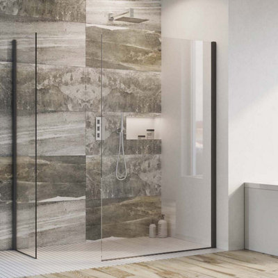 Oasis Wetroom Fixed Shower Screen With Black Profile And Clear Glass W