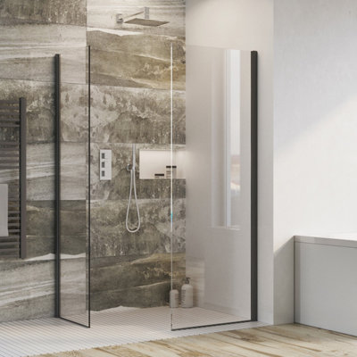 Oasis Wetroom Fixed Shower Screen With Black Profile And Clear Glass W