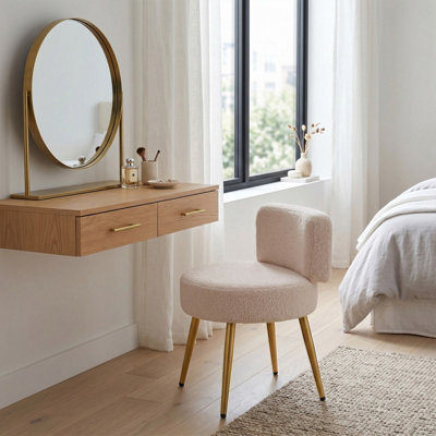 Oatmeal Teddy Fleece Upholstered Dressing Table Stool with Adjustable Feet