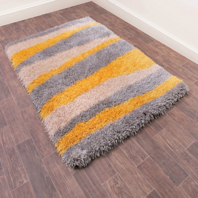 OCHRE STRIPED SHAGGY HANDMADE STRIPED EASY TO CLEAN DINING ROOM BEDROOM ...