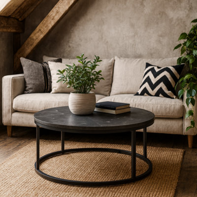 Odense Round Coffee Table - Black Marble Effect Top with Matte Black ...