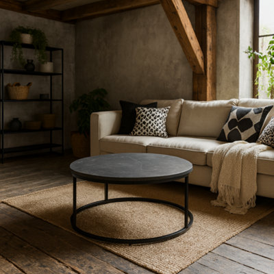 Odense Round Coffee Table - Black Marble Effect Top with Matte Black ...