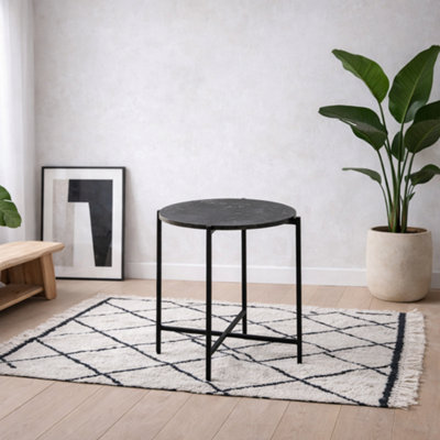 Odense Round Side Table, Black Izmir Resin Top, Hairpin Metal Legs