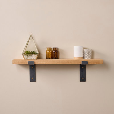 Off the Grain Oak Shelf with Brackets - 120cm Wooden Rustic Shelf with ...