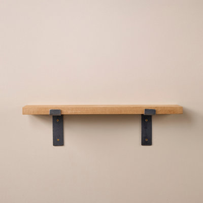 Off the Grain Oak Shelf with Brackets - 120cm Wooden Rustic Shelf with ...