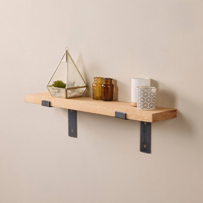 Off the Grain Oak Shelf with Brackets - 80cm Wooden Rustic Shelf with ...