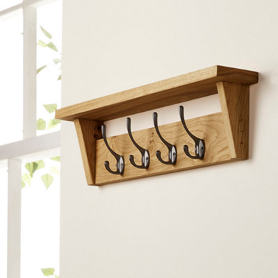 Off the Grain Solid Oak Coat Rack with Shelf - Walnut Finish 4 Hooks