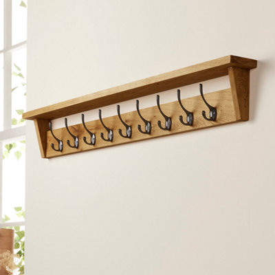 Off the Grain Solid Oak Coat Rack with Shelf - Walnut Finish 9 Hooks