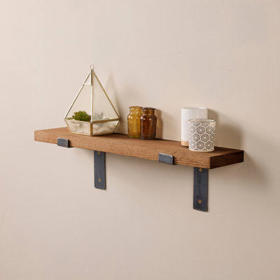 Off the Grain Wood Shelf with Lipped Brackets - 120cm Oak Shelf with ...