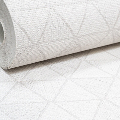 Off White Textured Wallpaper Metallic Silver Geometric Traingles Non ...