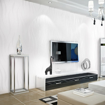 Off White Wave Striped Non Woven Embossed Flocking Patterned Wallpaper ...