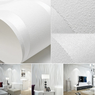 Off White Wave Striped Non Woven Embossed Flocking Patterned Wallpaper ...