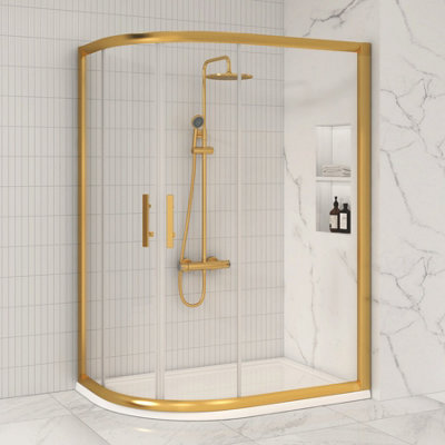 Offset Quadrant Shower Enclosure 1000 x 800mm Brushed Brass Double Sliding Doors Walk in Corner ...