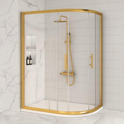 Offset Quadrant Shower Enclosure 1000 x 800mm Brushed Brass Double Sliding Doors Walk in Corner ...
