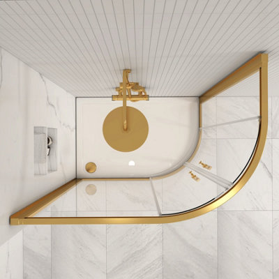 Offset Quadrant Shower Enclosure 1000 x 800mm Brushed Brass Double Sliding Doors Walk in Corner ...