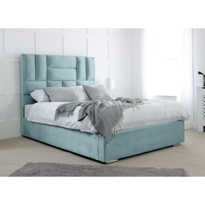 Ofsted Plush Bed Frame With Lined Headboard Duck Egg