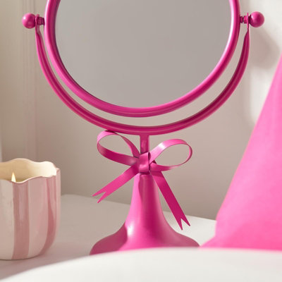 OHS Bow Pedestal Free Standing Swing Makeup Vanity Mirror - Hot Pink