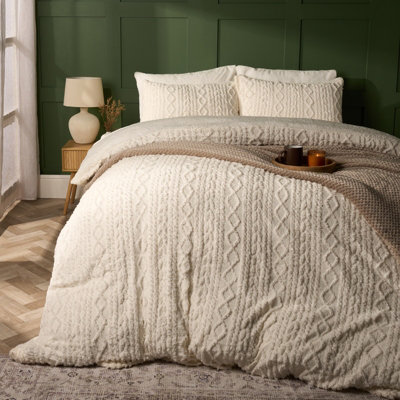 OHS Cable Knit Fleece Duvet Cover Set Warm Reversible Bedding, Cream ...