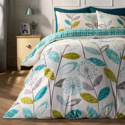 OHS Duvet Cover with Pillowcase Polycotton Bedding, Allium Check Teal ...