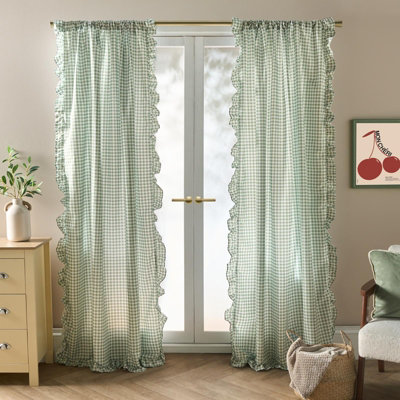 OHS Gingham Frill Voile Net Curtain Pair Window Panels Slot Top Set - Sage