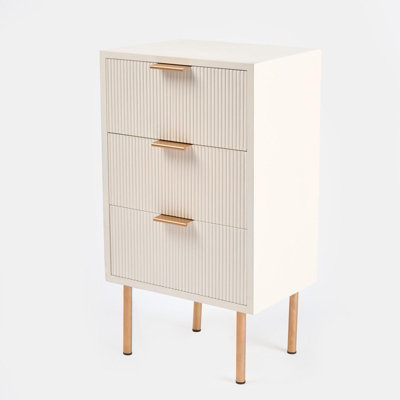 OHS Ribbed 3 Draw Nightstand Modern Bedside Table - Cream