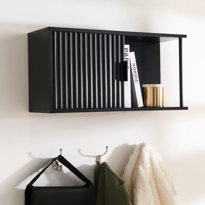 OHS Ribbed Shelf Unit Modern Wall Cabinet Floating Storage, Black