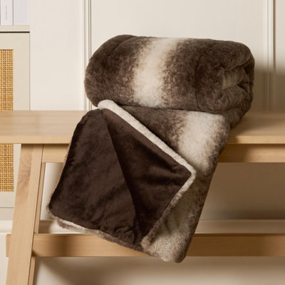 OHS Stripe Faux Fur Throw, Brown - 125 x 150cm