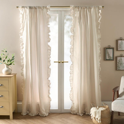 OHS Stripe Frill Voile Net Curtain Pair Window Panels Slot Top Set ...