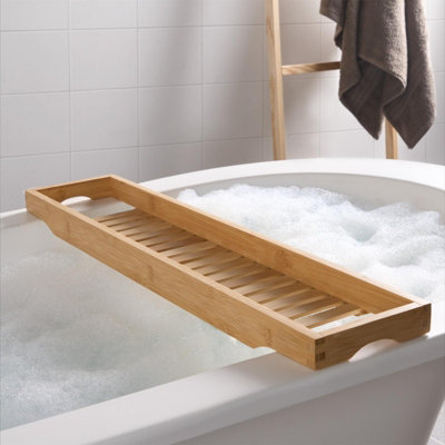 OHS Wooden Bathroom Tub Rack Storage Caddy Shelf Tray Holder Tidy Natural