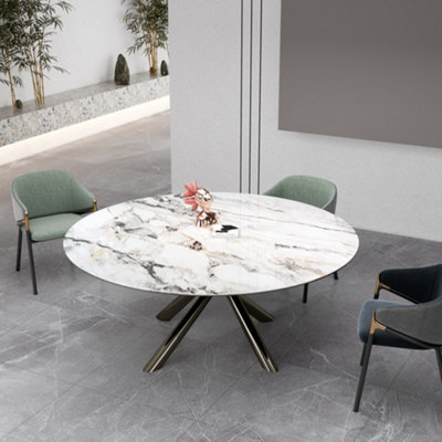 Okato Round Sintered Stone Dining Table with Shiny Black Legs - L135 x ...
