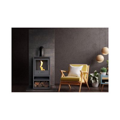 OKO S1 Bio Ethanol Stove with Log Storage in Charcoal Grey & Angled ...