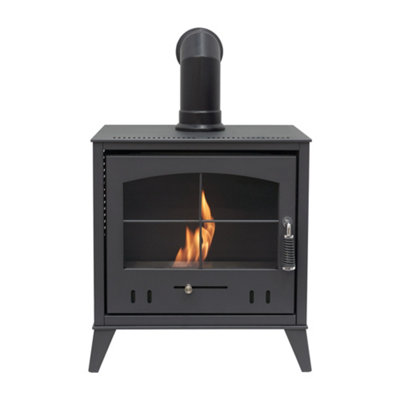 OKO S4 Bio Ethanol Stove in Charcoal Grey with Angled Stove Pipe