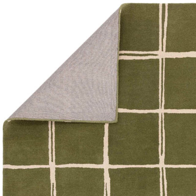 Olive Chequered Wool Modern Shaggy Handmade Rug For Living Room Bedroom ...