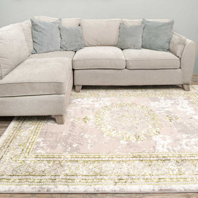 Olive Green Grey Traditional Medallion Bordered Living Area Rug 80x150cm