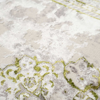 Olive Green Grey Traditional Medallion Bordered Living Runner Rug 70x240cm