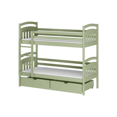 Olive Wooden Bunk Bed Gabi with Storage W198cm - Nature-Inspired Bunk ...