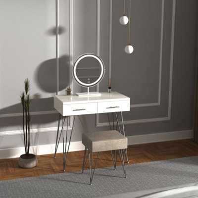 Olivia Dressing Table with Stool Set Makeup Vanity Desk with Touch Sensor LED Light Round Mirror Drawers White