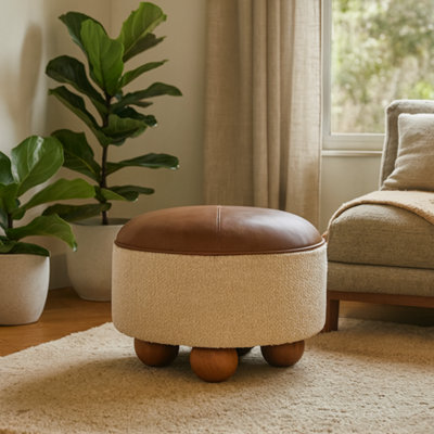 Olowalu Cream Boucle Footstool with Buffalo Leather Seat and Mango Wood ...